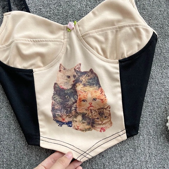 Tops | Tan Black Lace Straps Cats Cropped Corset Top | Poshmark